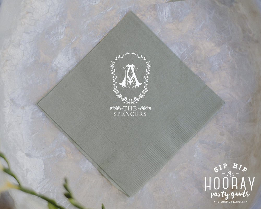Formal Floral Crest Monogram Wedding Napkin, #3007 – SipHipHooray