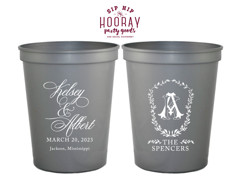 Formal Floral Crest Monogram Wedding Stadium Cups, #3007 – SipHipHooray