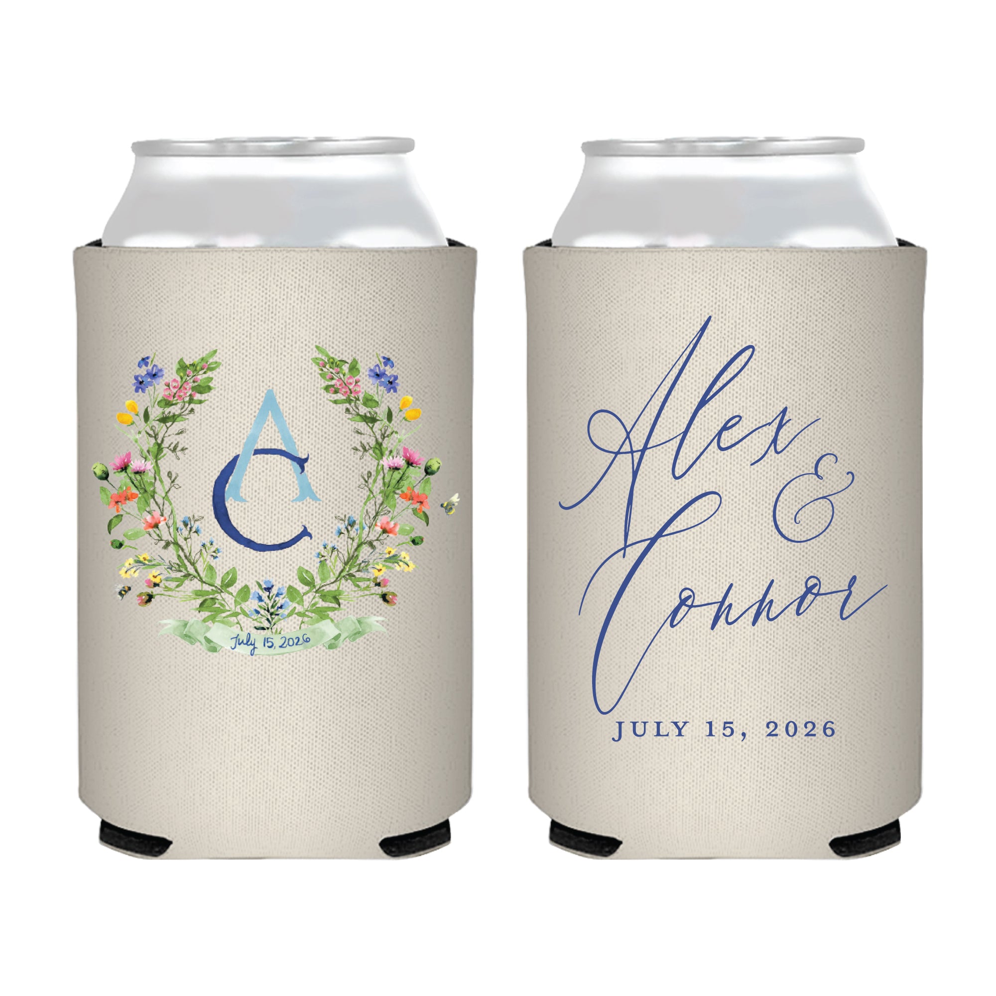 Full Color Wedding Can Coolers, Monogram Crest Multi Color Can Hugger ...