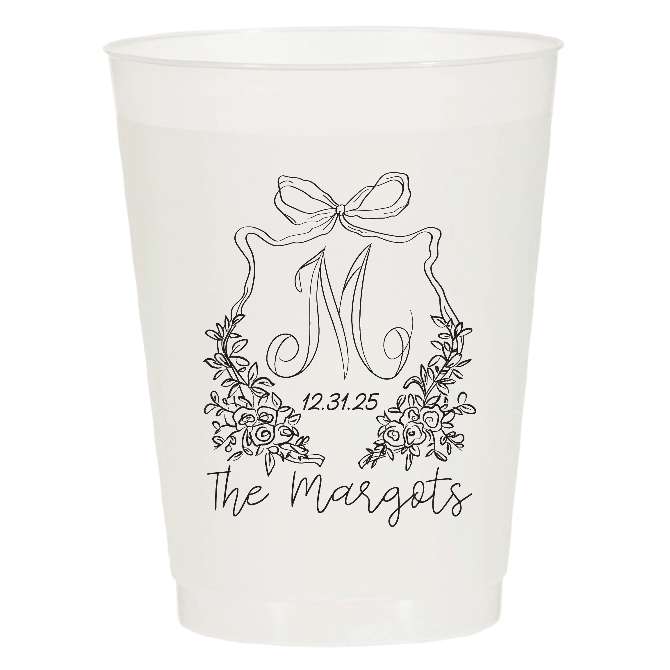 Hand Drawn Crest with Bow and Monogram Wedding Frosted Cups – SipHipHooray