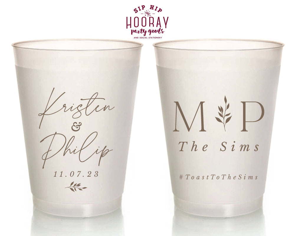 Modern Wedding Monogram with Leaves Frosted Cups, #3010 – SipHipHooray