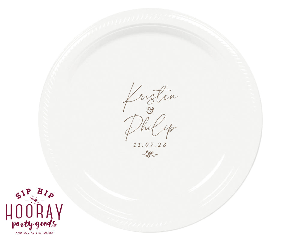 Modern Wedding Monogram with Leaves Plates, #3010 – SipHipHooray