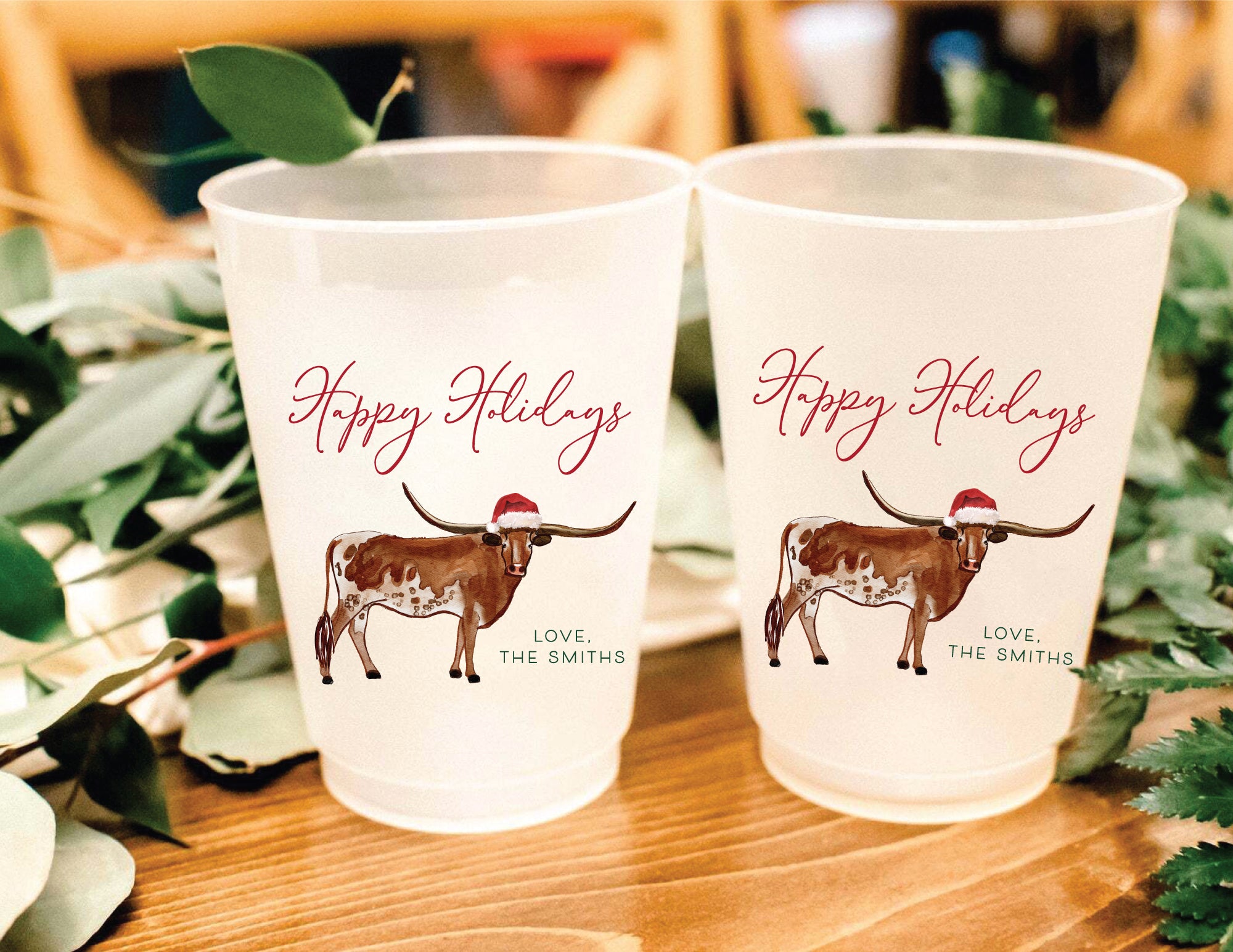 Santa Longhorn Happy Holidays Full Color Frosted Christmas Cups ...