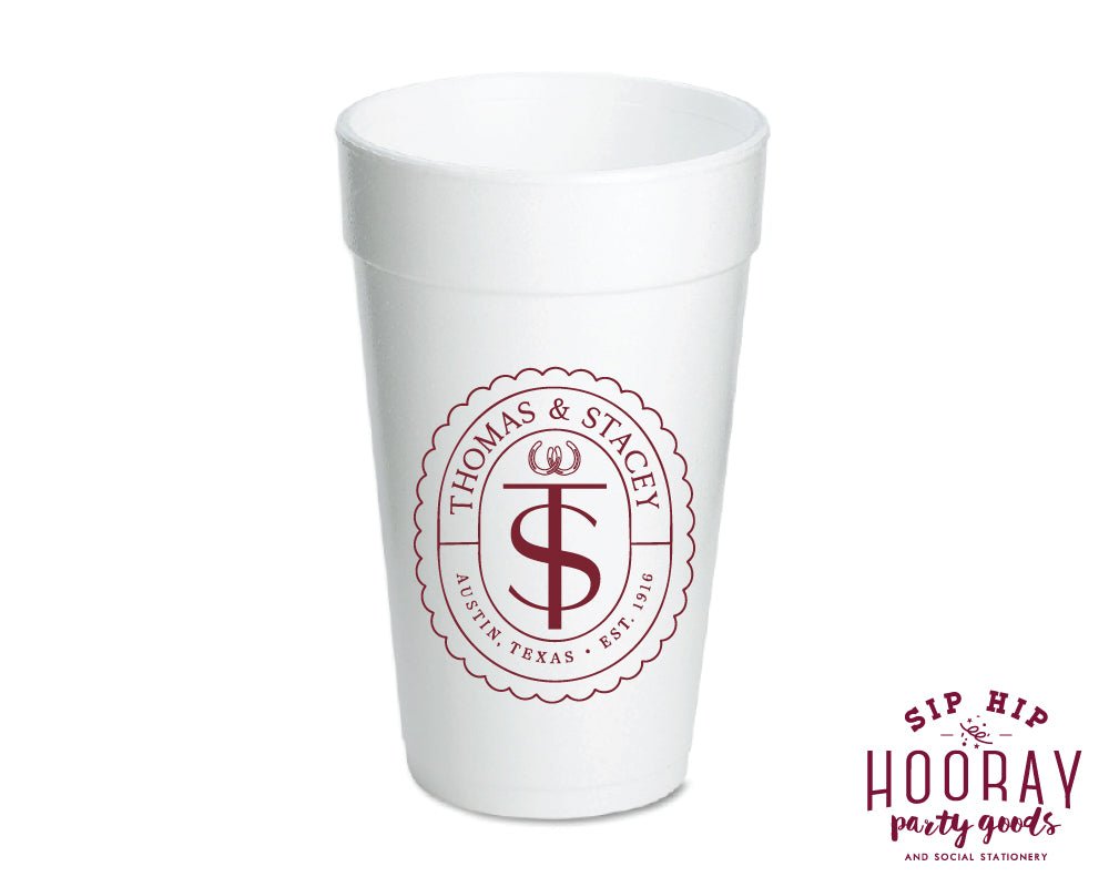 Custom Western Wedding Crest Foam Cups – SipHipHooray